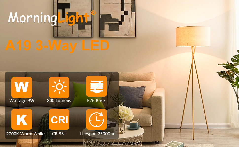 MorningLight A19 3-Way LED Light Bulbs 15 40 60Watt Equivalent, Warm White 2700K, E26 Medium ...