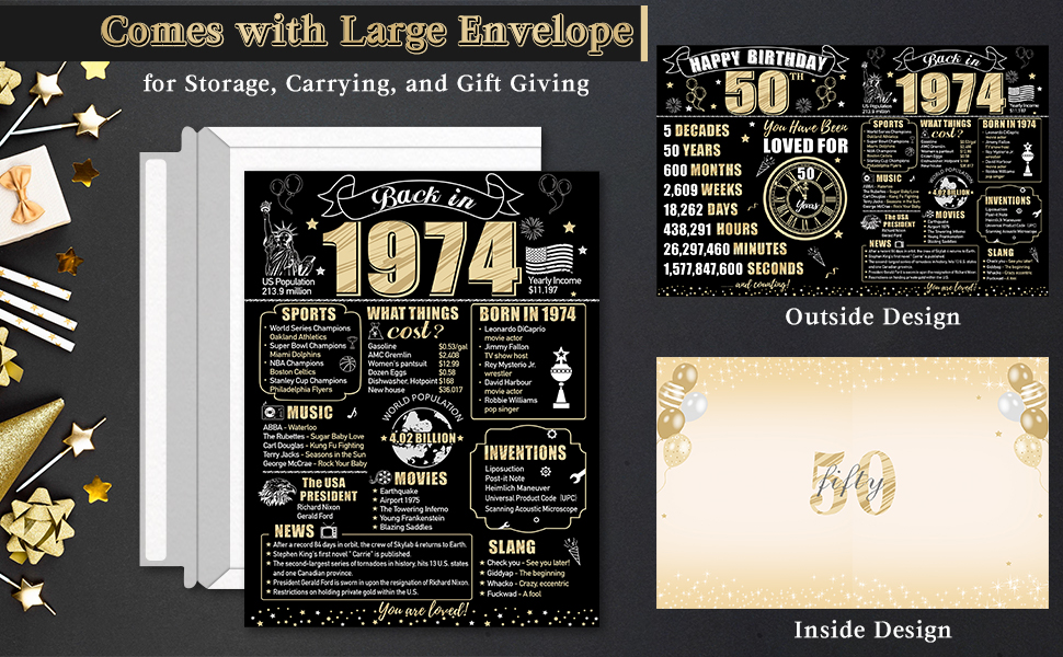 Amazon.com : Turypaty Large 50th Birthday Card With Envelope for Men Women, 1974 Black Gold ...