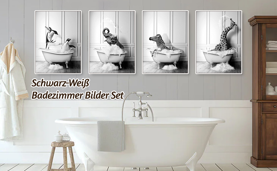 Amazon.de: Martin Kench 4er Schwarz-Weiß Poster Set, Badezimmer Bilder Tiere in der Badewanne ...