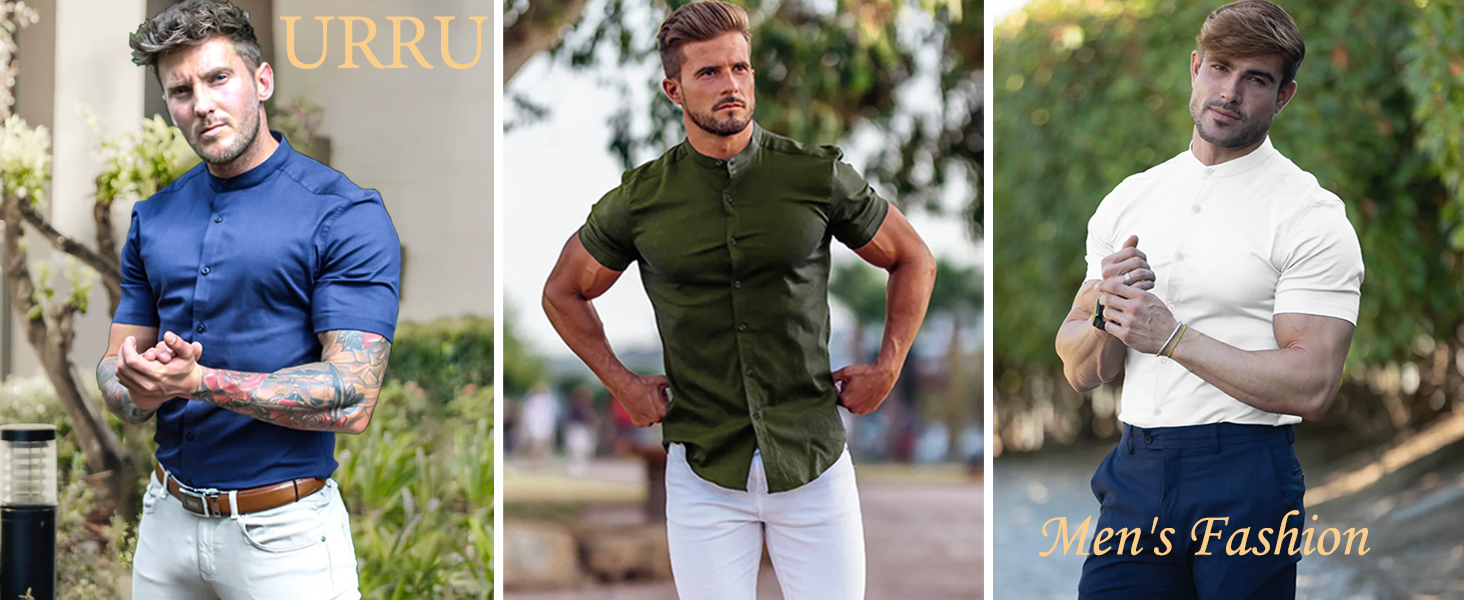 Amazon.com: URRU Men's Muscle Dress Shirt Slim Fit Stretch Banded Collar Long Sleeve Casual ...