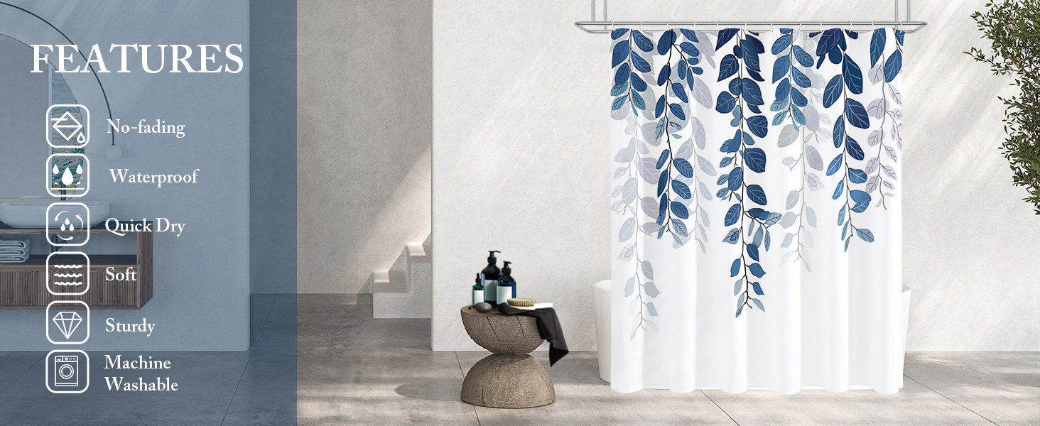 Amazon.com: Gibelle Extra Long Shower Curtain 72 x 84, Tall Navy Blue Eucalyptus Fabric Shower ...