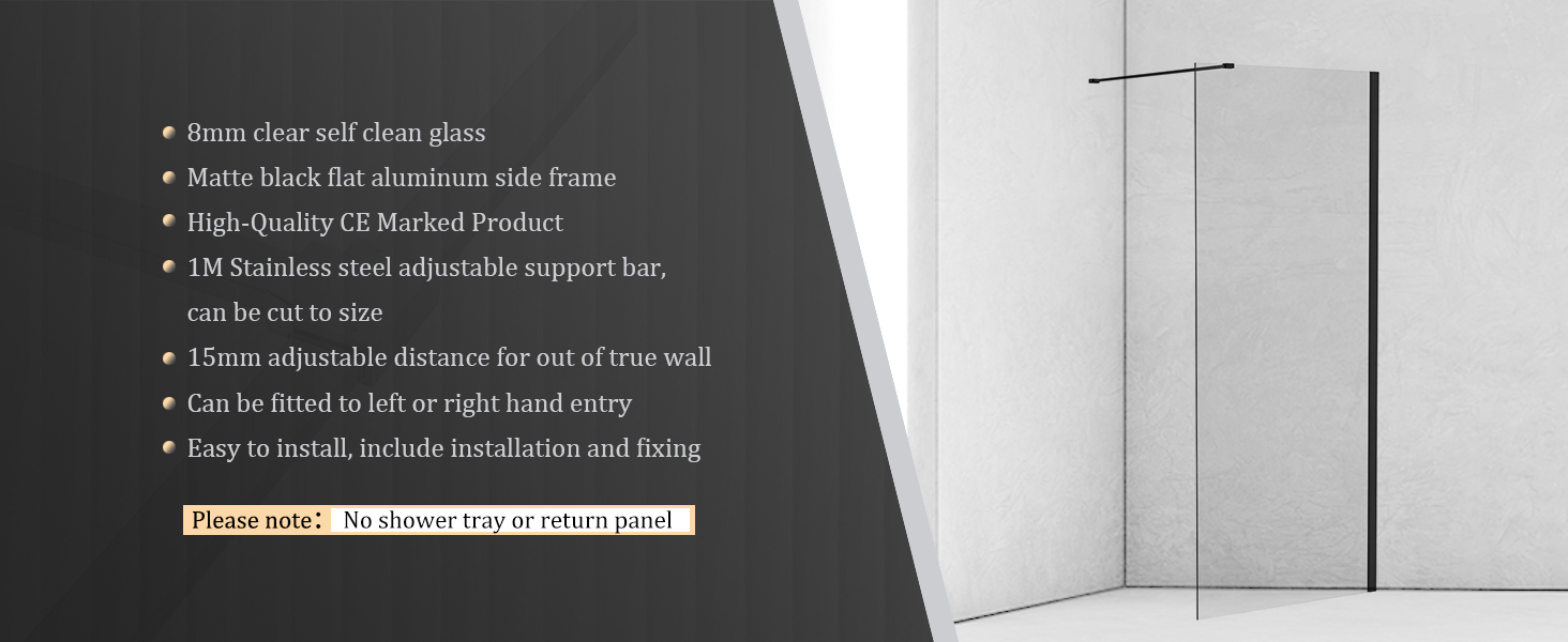 NRG 800 x 1950mm Bathroom Wet Room Screen Panel 8mm Black Grid Easy Clean Glass Black Framed ...