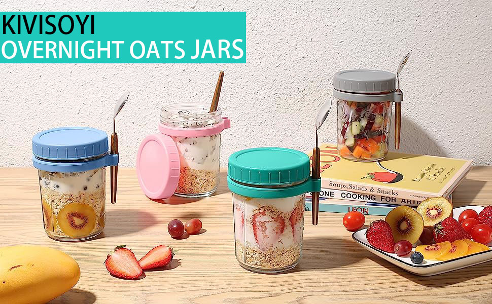 Overnight Oats Containers with Lids and Spoons, 12 oz Glass Mason Overnight Oats Jars, Oatmeal ...