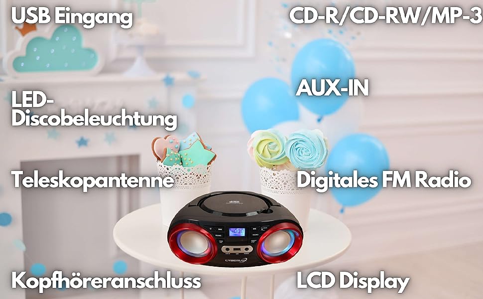 Tragbarer CD-Player | LED-Discolichter | Boombox | CD/CD-R | USB | FM Radio | AUX-In ...