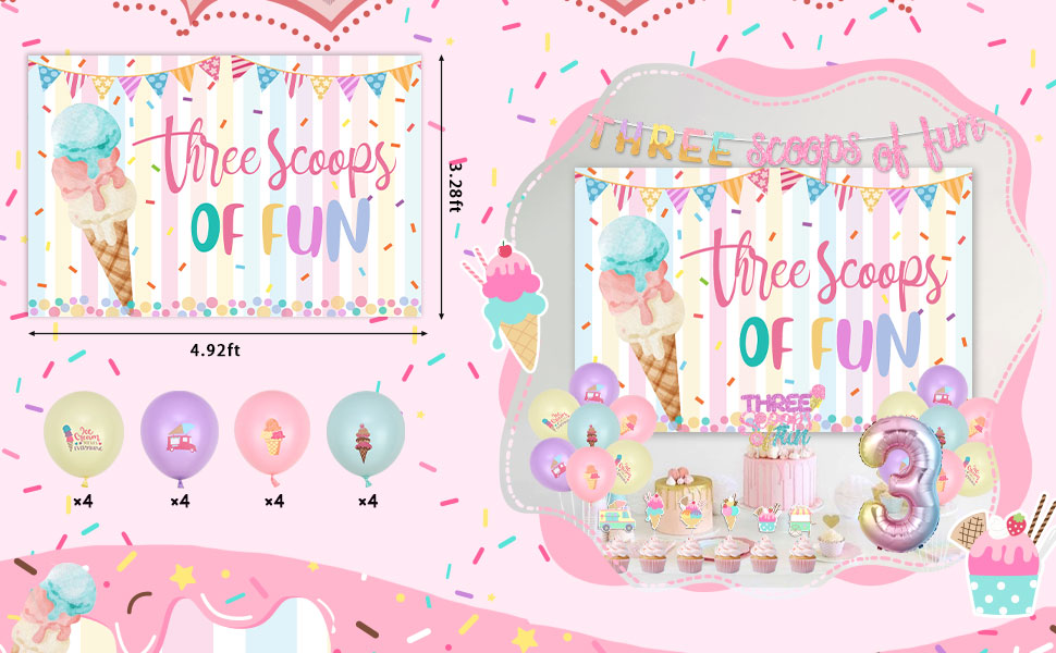 Amazon.com: Jollyboom Three Scoops of Fun Birthday Decorations for Girls, Ice Cream 3rd Birthday ...