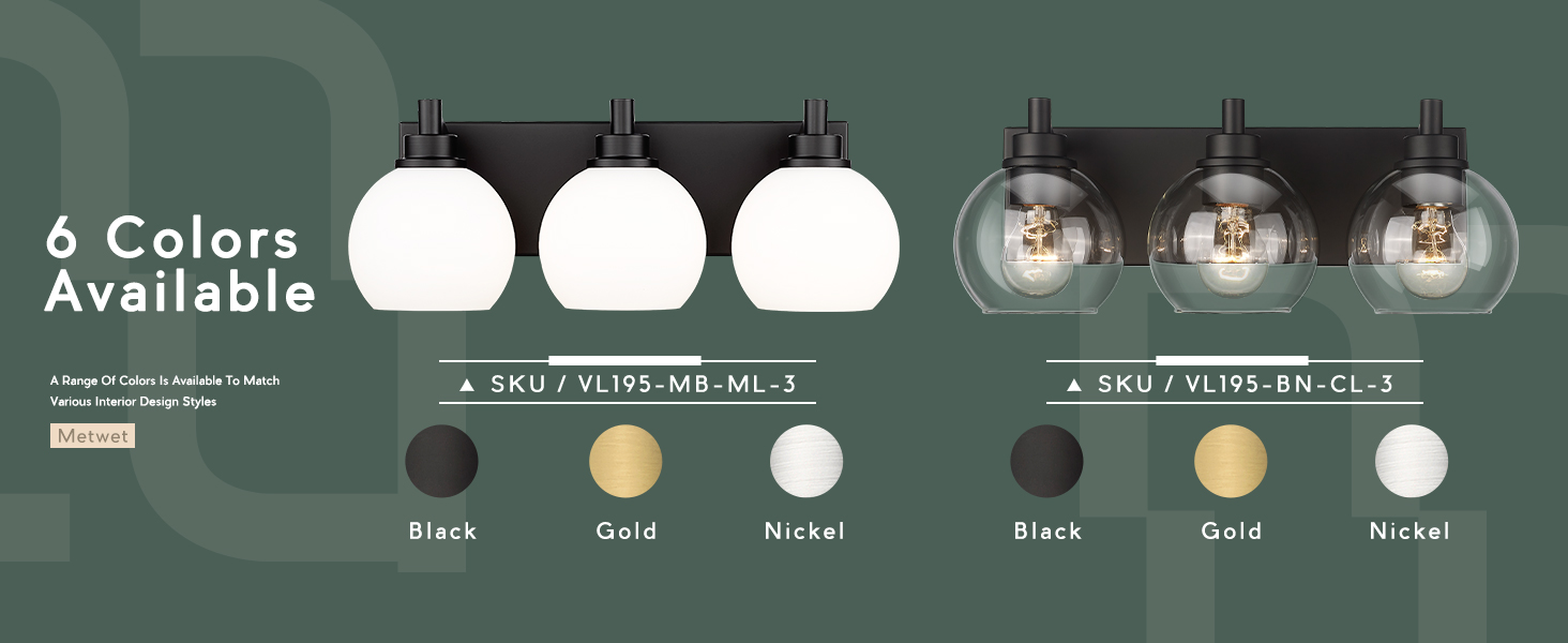 METWET Bathroom Light Fixtures, 3-Light Matte Black Vanity Light, Modern Wall Sconces with Milk ...