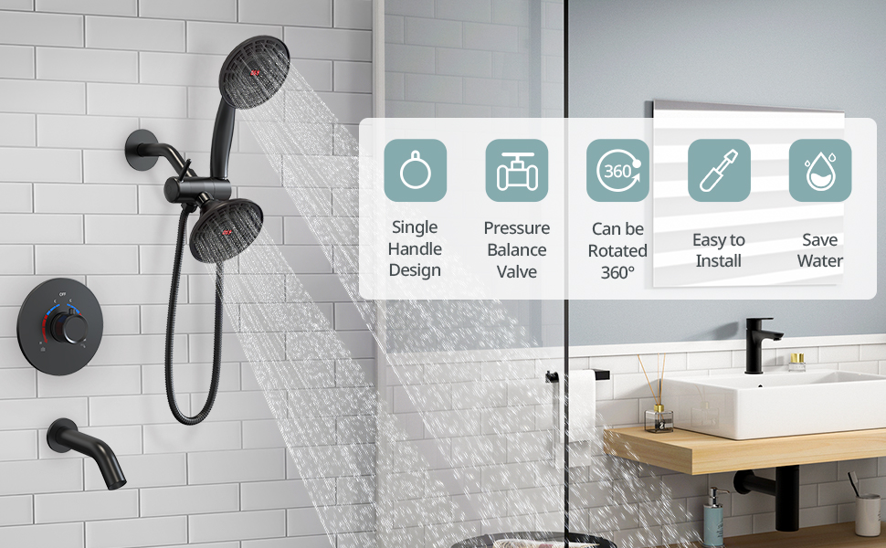 Shower Faucet Set with Valve: EVERSTEIN Shower System with Digital Display 2 in 1 Handheld and ...
