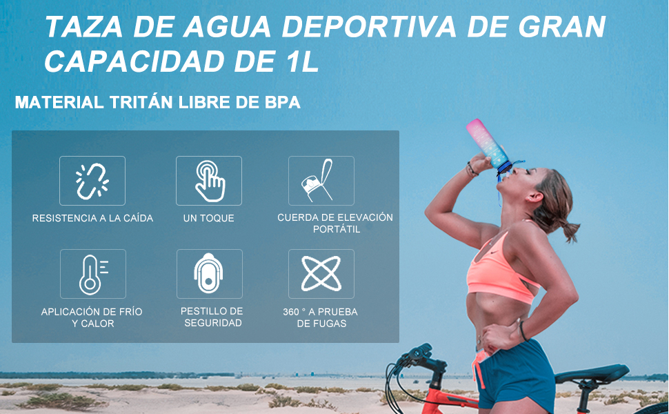Botella de Agua Deportiva 1000ML, Botella de Agua de Gran Capacidad sin BPA, Botella Deportiva ...