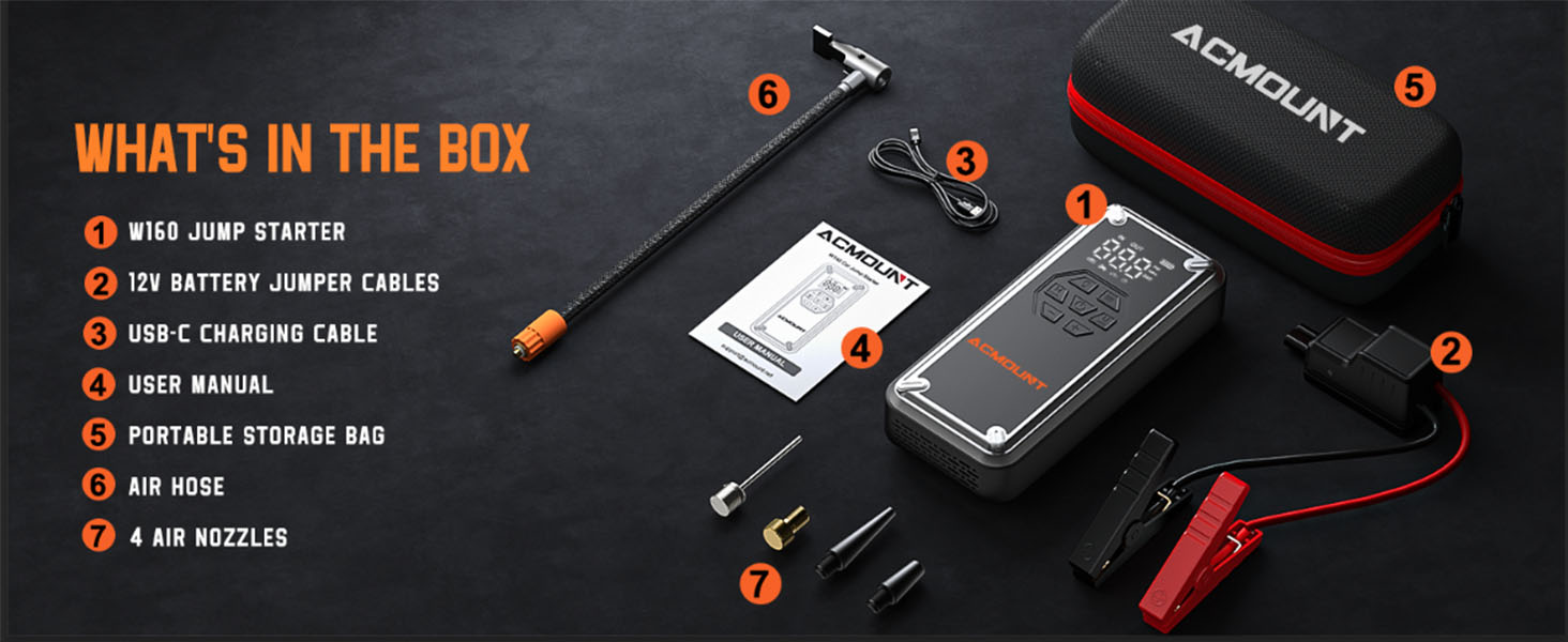Amazon.com: Acmount W160 Jump Starter with Air Compressor, 5000A Car Jump Starter 150PSI Tire ...
