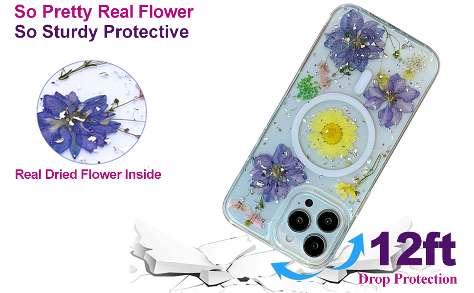 Amazon.com: ASONCE Cute Real Flowers for iPhone 16 Pro Case [Compatible with MagSafe] Clear ...