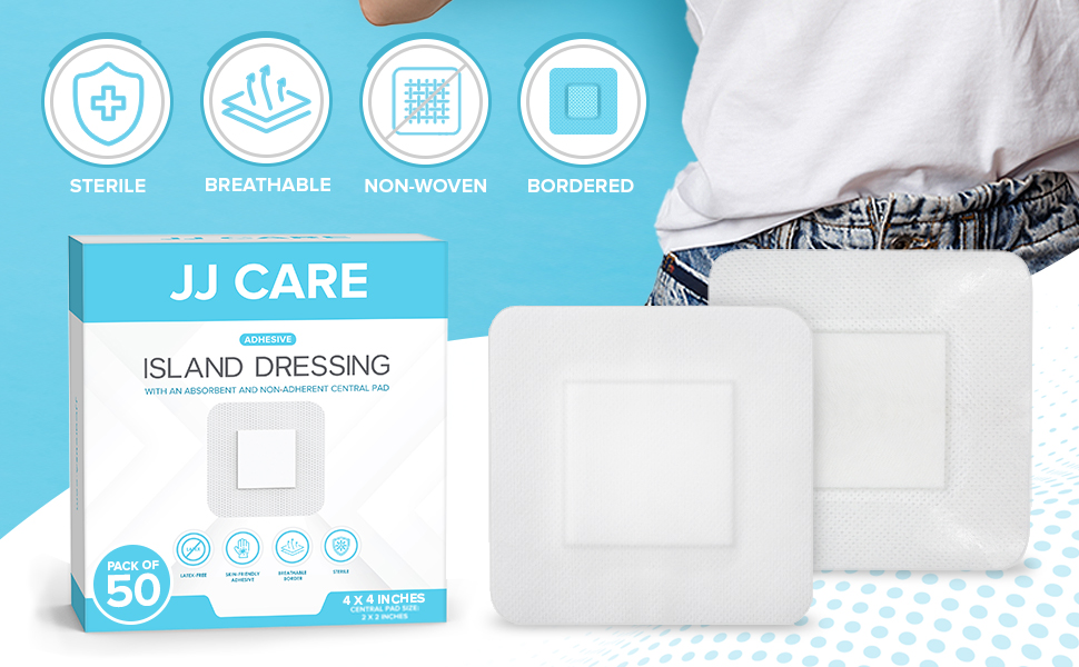 Amazon.com: JJ CARE Adhesive Island Dressing [Pack of 50], 4x4 Sterile Bordered Gauze Dressing ...