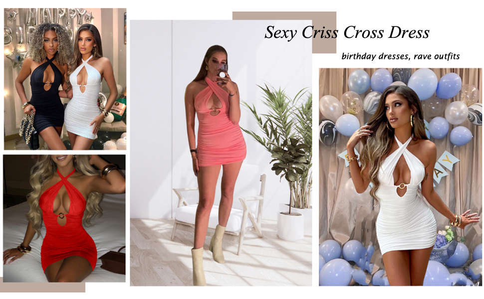 Amazon.com: BORIFLORS Women's Sexy Club Bodycon Cut Out Halter Backless Ruched Mini Party ...