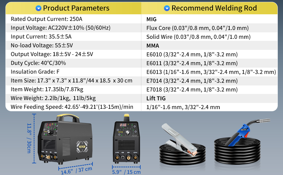 VEVOR Soldador MIG de 250 A, máquina de soldadura 3 en 1, máquina de soldadura de núcleo de ...