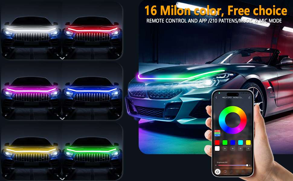 Amazon.com: HConce 71 Inches RGB Multicolor Dynamic Scanning Starter Hood Lights, Car LED Hood ...