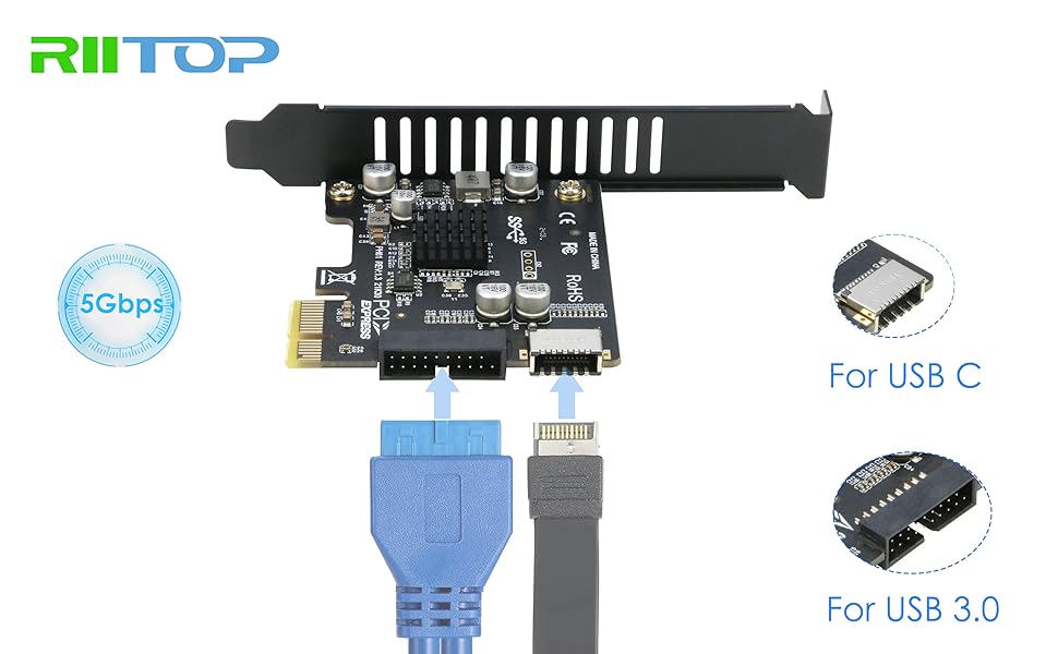 Amazon.com: PCIe to 20Pin + Type-E Internal Card, RIITOP PCI-e x1 to (19+1) Pin USB 3.0 Socket ...