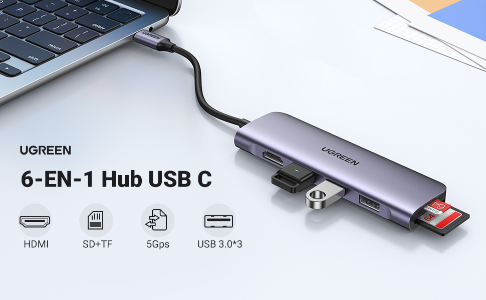 UGREEN HUB USB C, 6 en 1 Adaptador USB C Hub a HDMI 4K Lector Tarjeta SD TF, 3 USB 3.0 ...