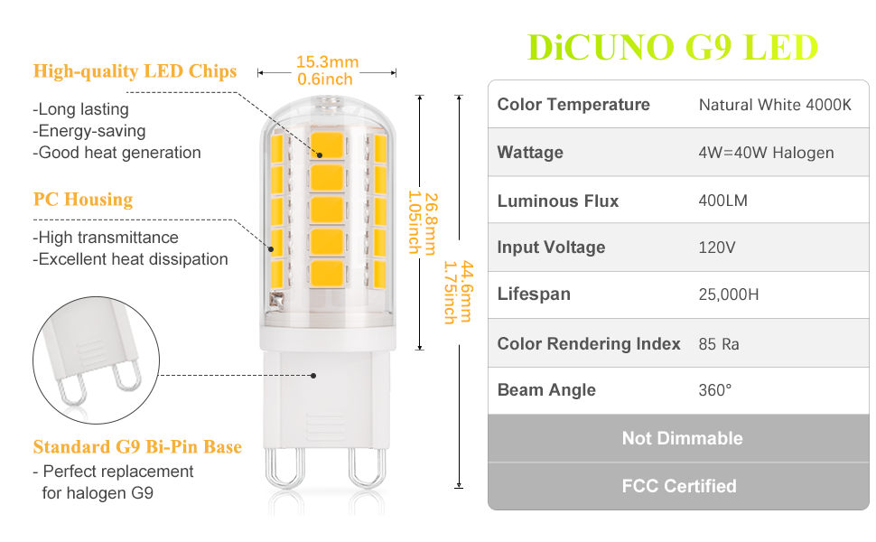 DiCUNO G9 LED Bulb 40W Equivalent 4W, 4000K Natural White, T4 Chandelier Light Bulb 400LM, Non ...