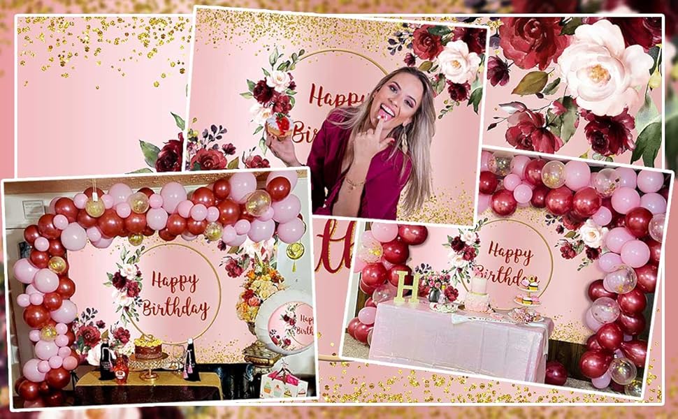 Sensfun Burgundy Floral Birthday Backdrop For Women Red