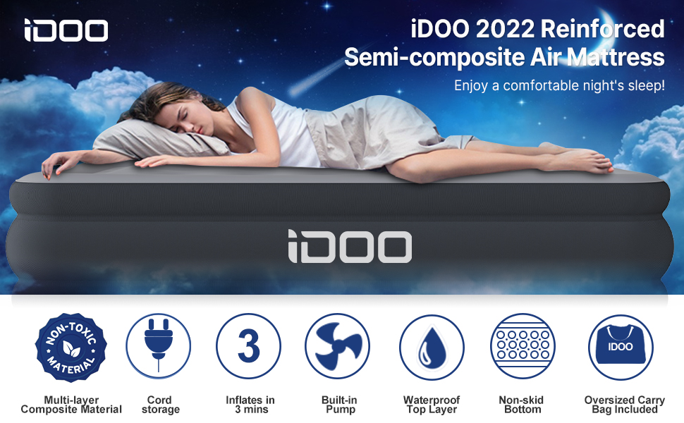 iDOO Air Mattress, Inflatable Airbed with Built-in Pump, 3 Mins Quick Self-Inflation ...