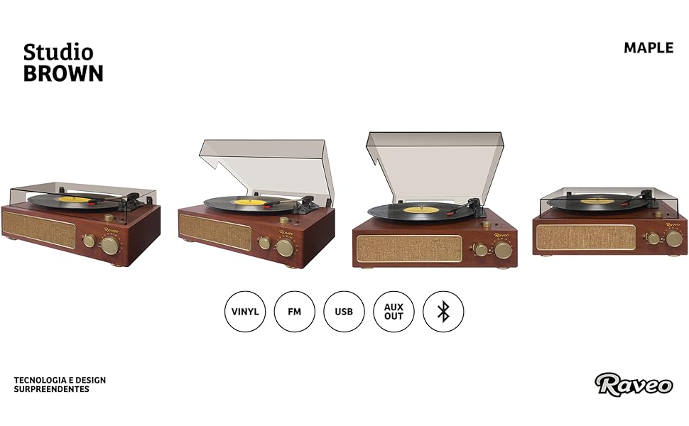 Raveo Vitrola Studio MAPLE com Toca-discos, Rádio FM, USB, saída auxiliar e fone de ouvido e ...
