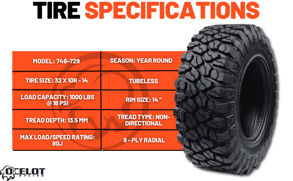 Amazon.com: Ocelot XC729 32x10x14 UTV Tires All Terrain, Durable 8-Ply Radial Construction and ...