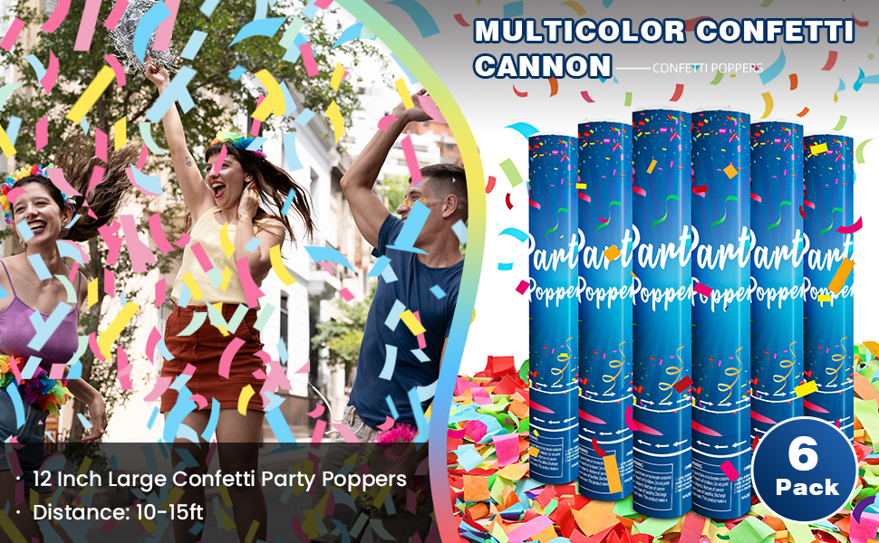 Amazon.com: Confetti Cannon 6 Pack Multicolor Party Poppers 12 Inch Party Confetti Poppers ...