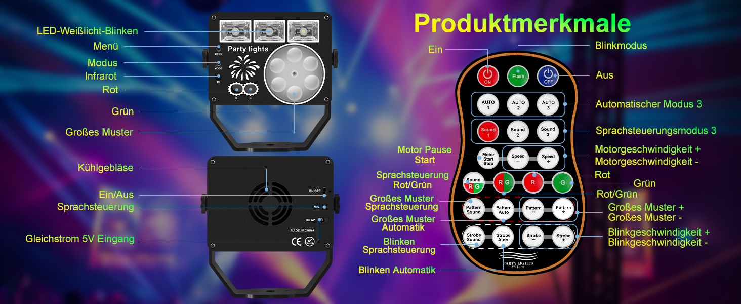 Vicalo Discolicht Partylicht mit Fernbedienung, Musikgesteuert Disco Licht mit Stroboskop, LED ...