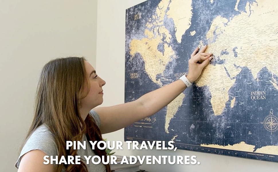 Amazon.com: HolyCowCanvas Personalized Push Pin World Travel Map with Pins, Gold & Navy World ...