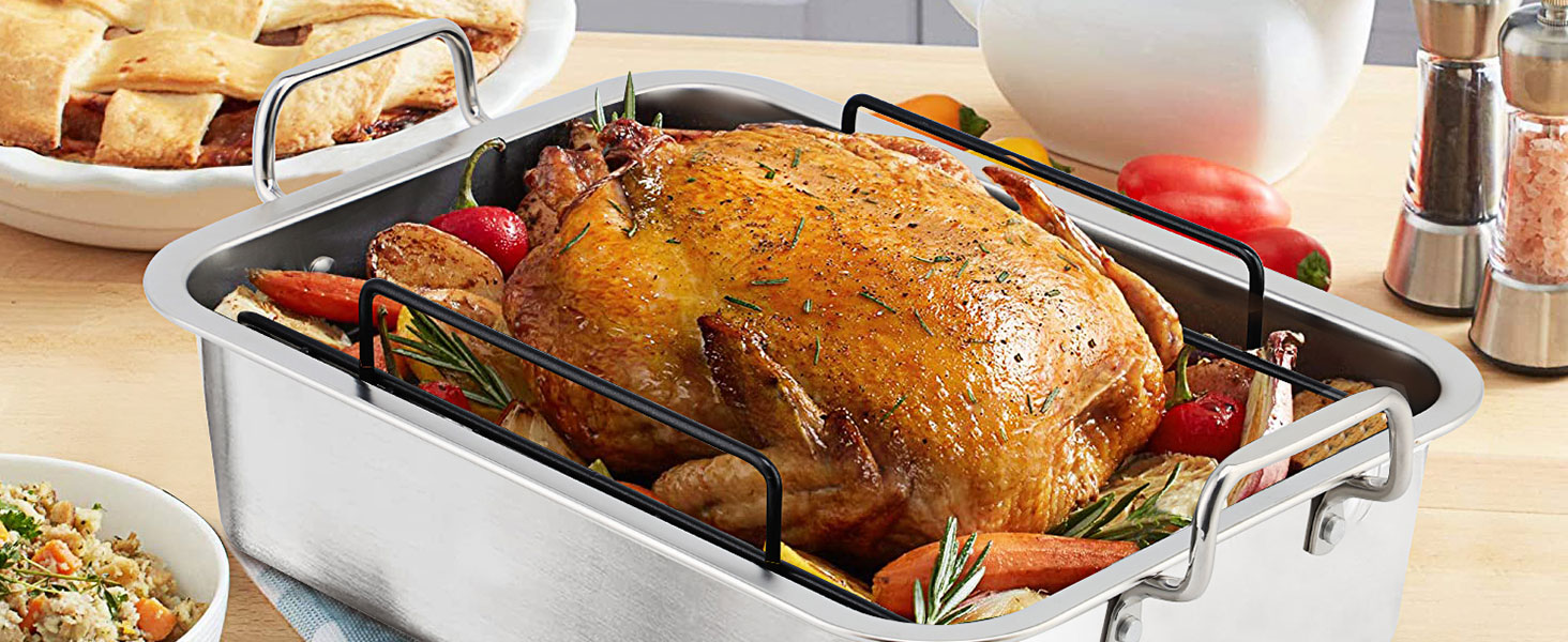 Amazon.com: Turkey Roasting Pan with Nonstick Rack: Large 16 x 12 Inch Stainless Steel Turkey ...