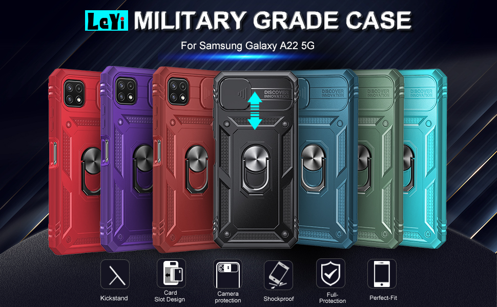 LeYi Samsung A22 5G Case Camera Cover Slider and 2 Tempered Glass Screen Protector, Ring Holder ...
