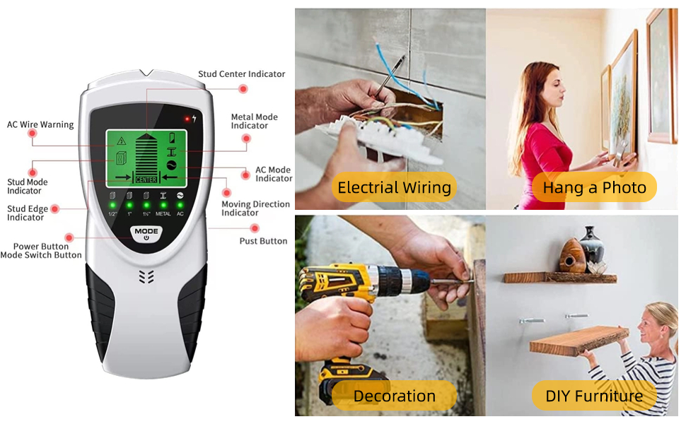 Stud Finder Wall Scanner, 5 in 1 Electronic Stud Sensor Wall Scanner Detector Joist Finder with ...