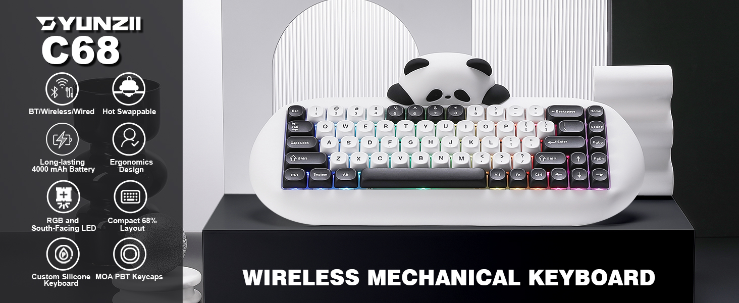 Amazon.com: YUNZII C68 Panda Wireless Mechanical Gaming Keyboard, 68 Keys Cute Layout with PBT ...