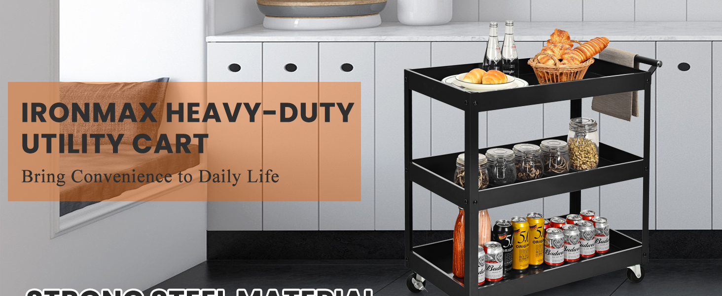 IRONMAX 3 Tier Utility Cart, Heavy Duty Metal Rolling Cart on Wheels with Brake, 330LBS Capacity ...