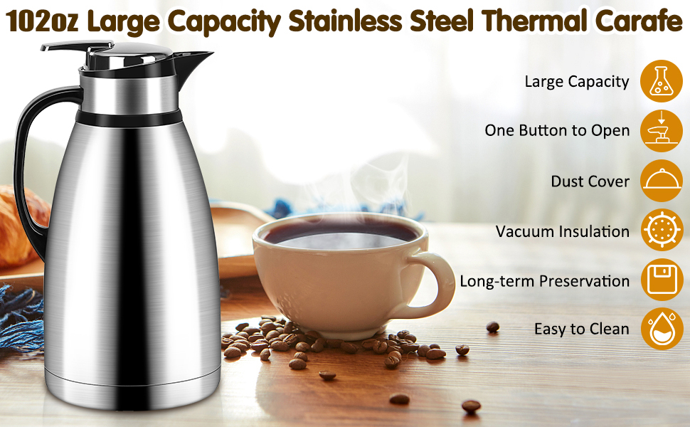 Amazon.com: 102 Oz Thermal Coffee Carafe, 3 Liter Stainless Steel Thermos Double Wall Insulated ...
