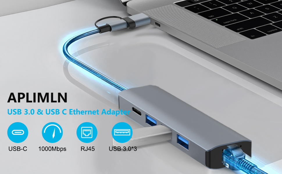 Adaptateur USB Ethernet, Adaptateur USB C vers RJ45 Ethernet 1000Mbps avec 3 USB 3.0 Ports ...