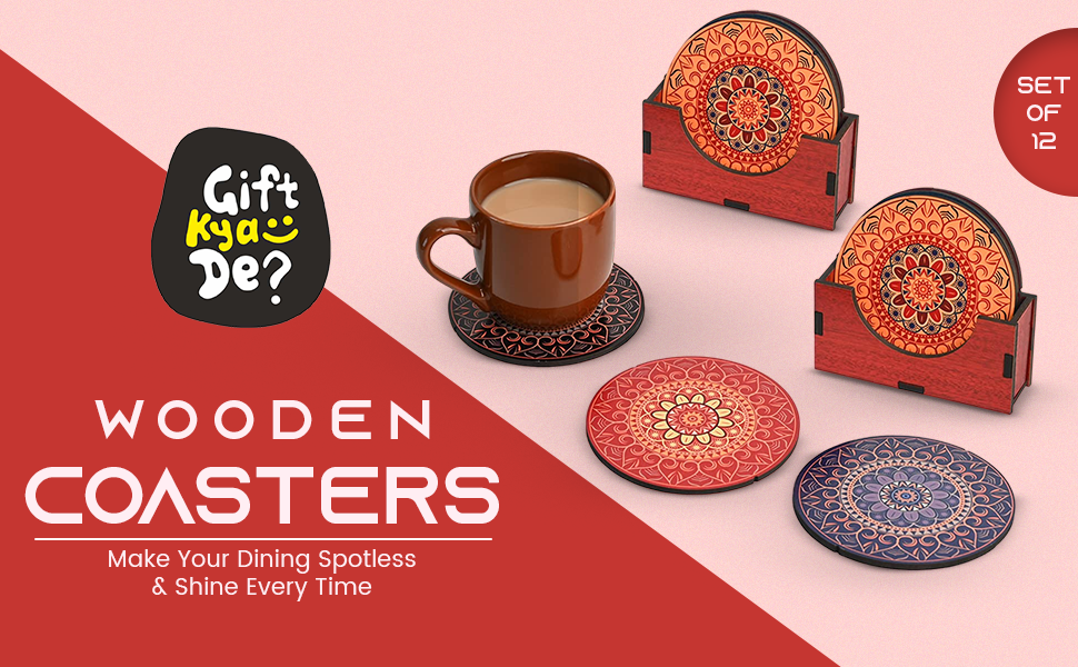 Gift Kya De Coaster Set Of 12 Wooden Coasters With Proper Coaster Stand ...