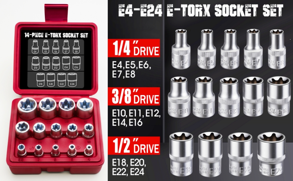 14-Piece E-Torx Socket Set, 3/8”, 1/2”, 1/4” Premium Ultimate Female Star Socket Set, Drive E4 ...