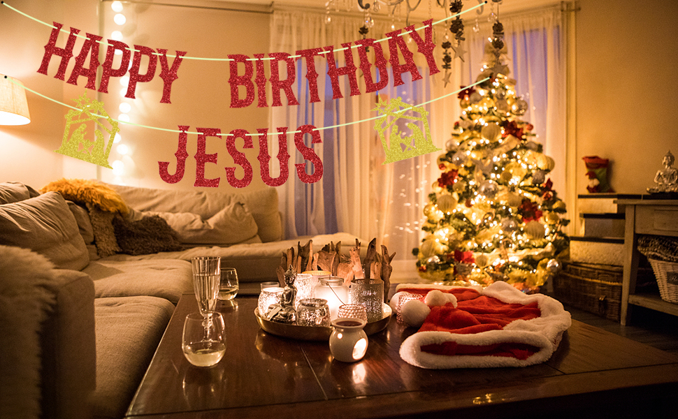 Amazon.com: Happy Birthday Jesus Banner Red Glitter, Merry Christmas ...