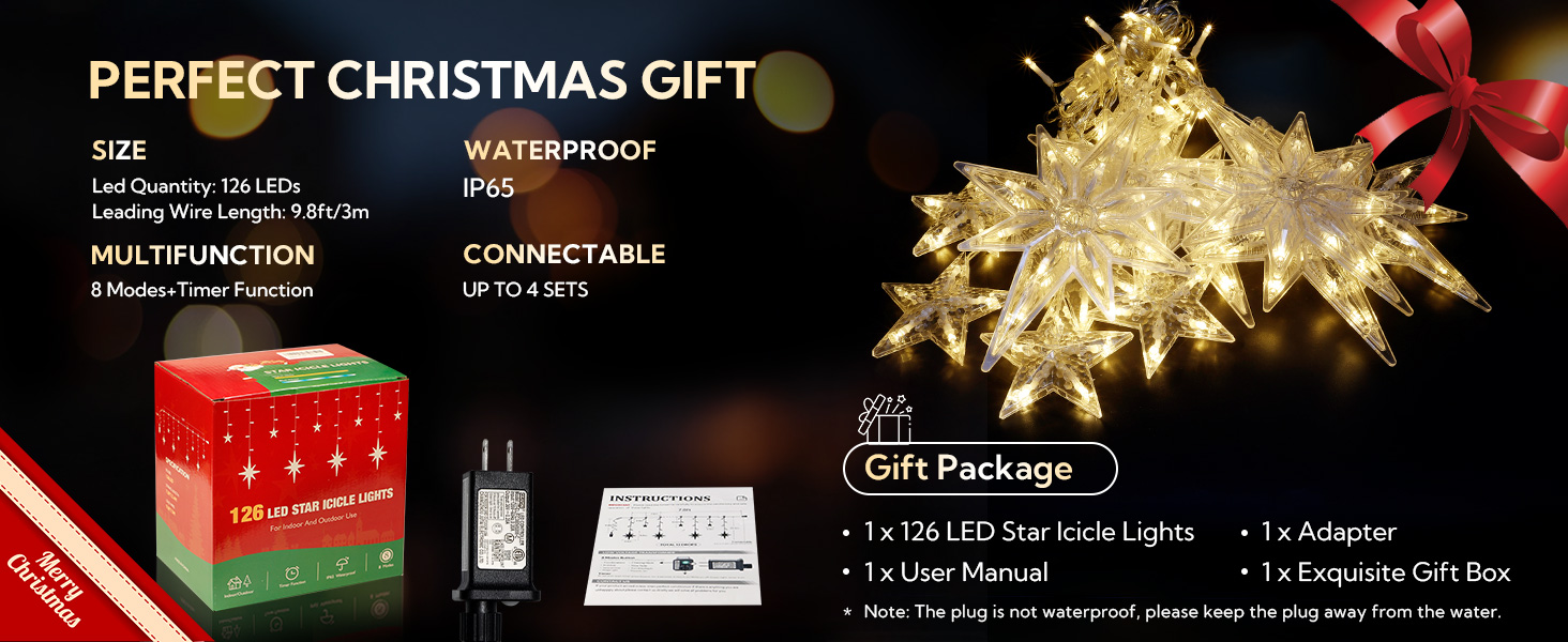 Amazon.com: BEEWIN 126 LED Star Icicle Lights,7.8ft Connectable Window ...