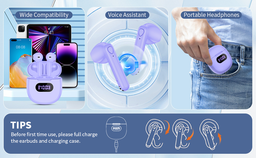 Wireless Earbuds, V5.3 Bluetooth Headphones, 48H Playtime LED Power ...