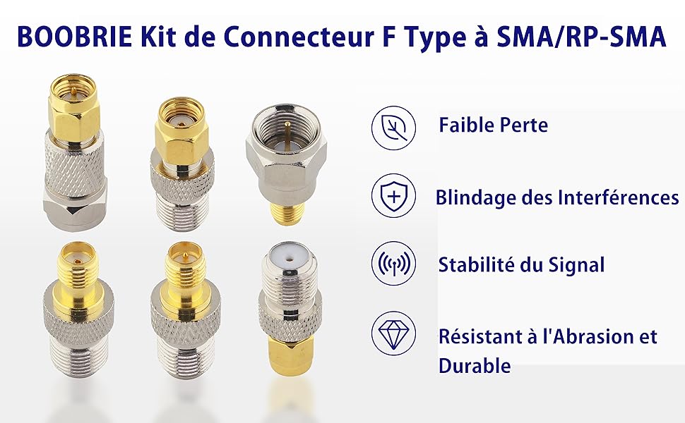 BOOBRIE 6 Pièces F à SMA/RP-SMA Kit d'Adaptateur vers F Connecteur Coaxial RG6 Femelle à Femelle ...