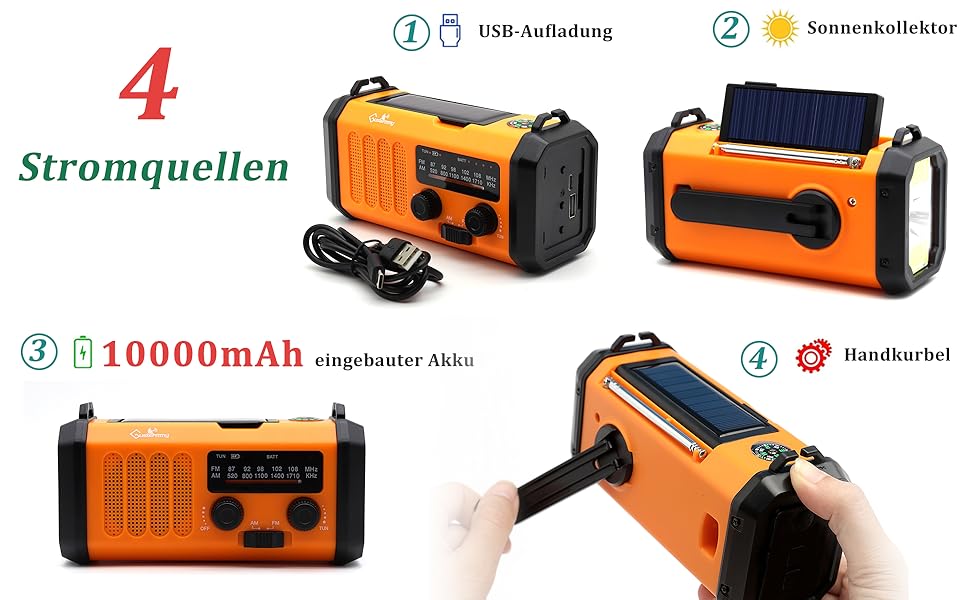 10000mAh Notfall Dynamo Handkurbel Radios,Solar AM FM Radio mit Batterie Backup,Tragbare ...