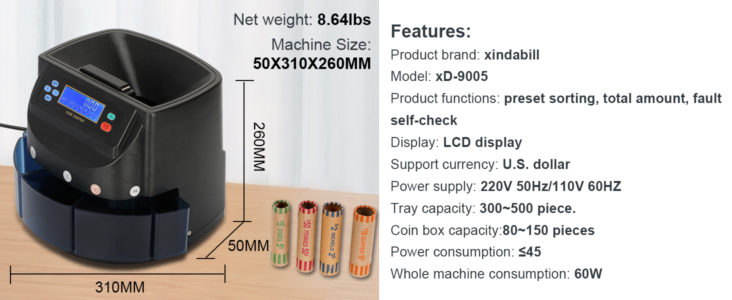 Amazon.com : Yhaofu XD-9005 Coin Counter,Coin Counting and Sorting Machine,can sort ¢1 ¢5 ¢10 ¢ ...