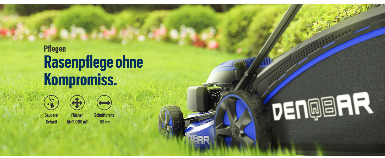 DENQBAR Benzin-Rasenmäher DQ-R53, 7-in-1, 53 cm Schnittbreite, Mulcher, Mäher, Radantrieb ...