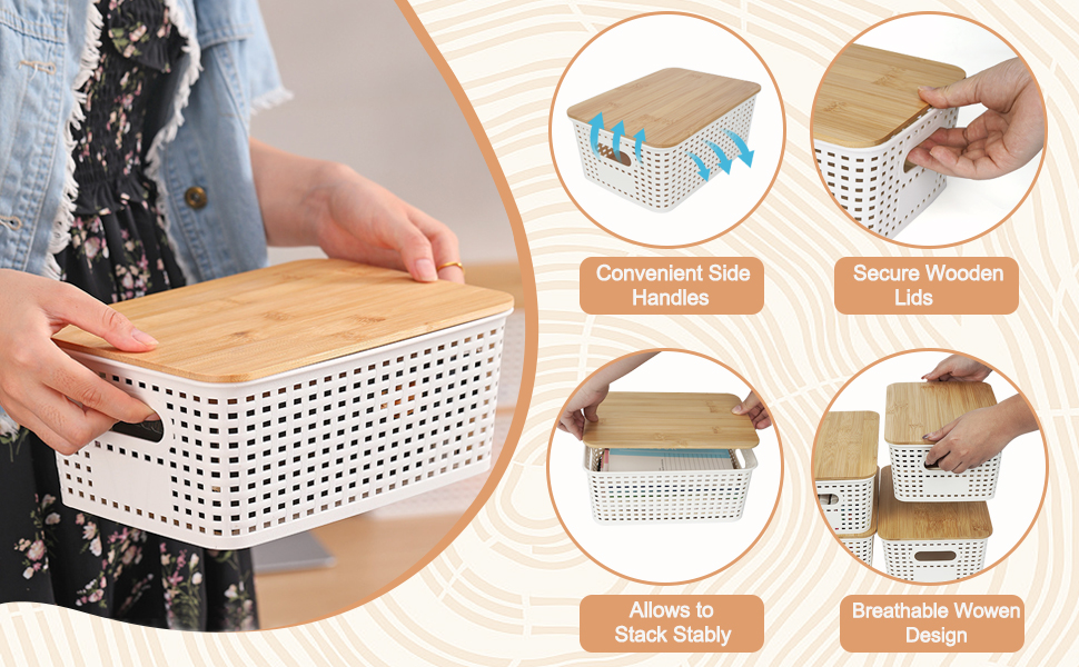 UHAPEER 6Pcs Storage White Plastic Bins with Bamboo lids,Lidded Storage ...