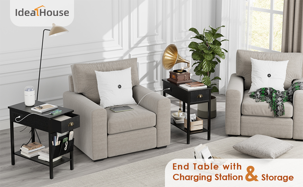 Amazon.com: 23 "End Table with Charging Station-Flip Top Narrow Side Tables With Storage Drawers ...
