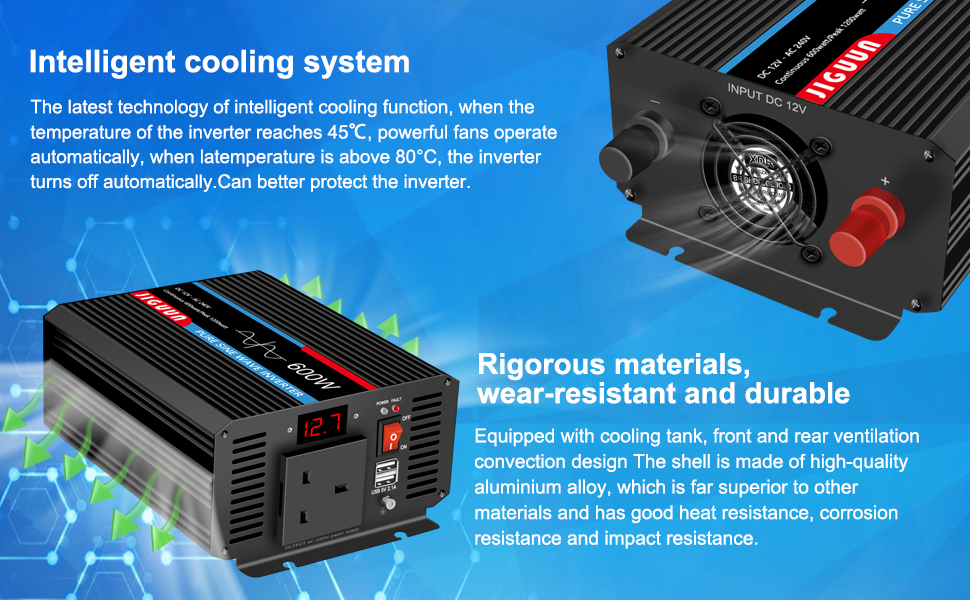 JIGUUN 600W Pure Sine Wave Inverter 12V to 240V 230V car converter 1200W peak with LED Display,1 ...