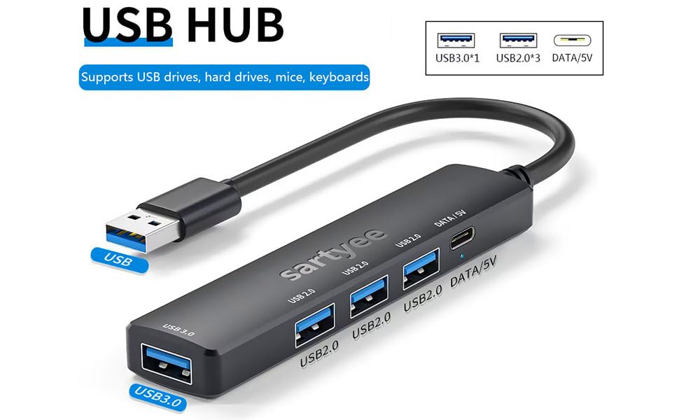 Amazon.com: 5Port USB Hub 3.0, USB Multiple Hub Data Splitter Extender with 5V USB-C Power/Data ...