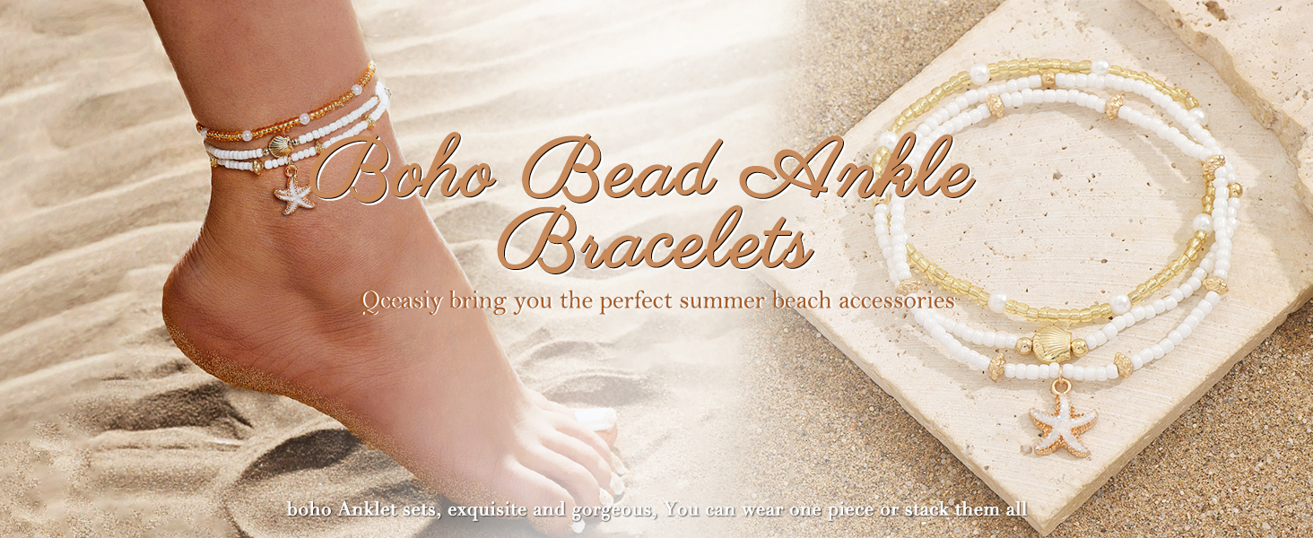 Amazon.com: Qceasiy Bead Ankle Bracelets Set For Women, Adjustable Gold Boho Shell Anklet ...