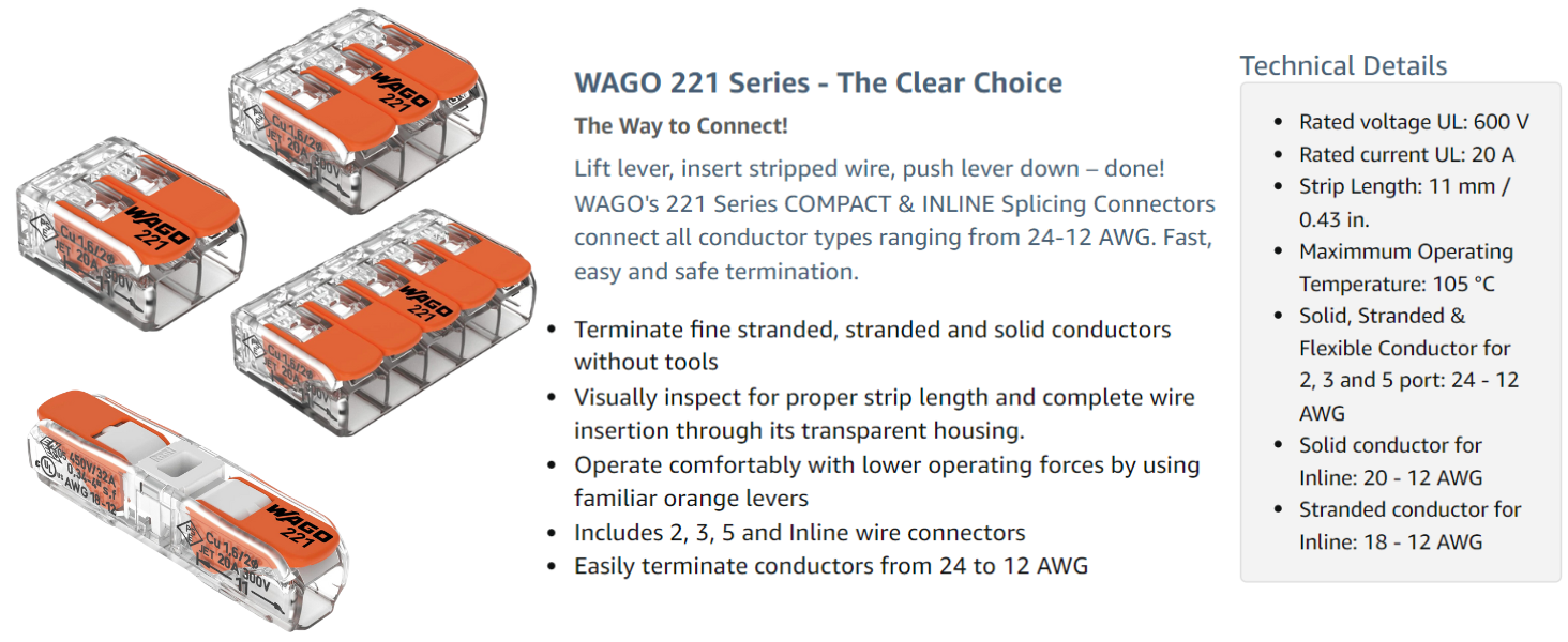 WAGO 221 Series 35pc Compact Splicing Wire Connectors | Includes (10x 221-2401), (10x 221-412 ...